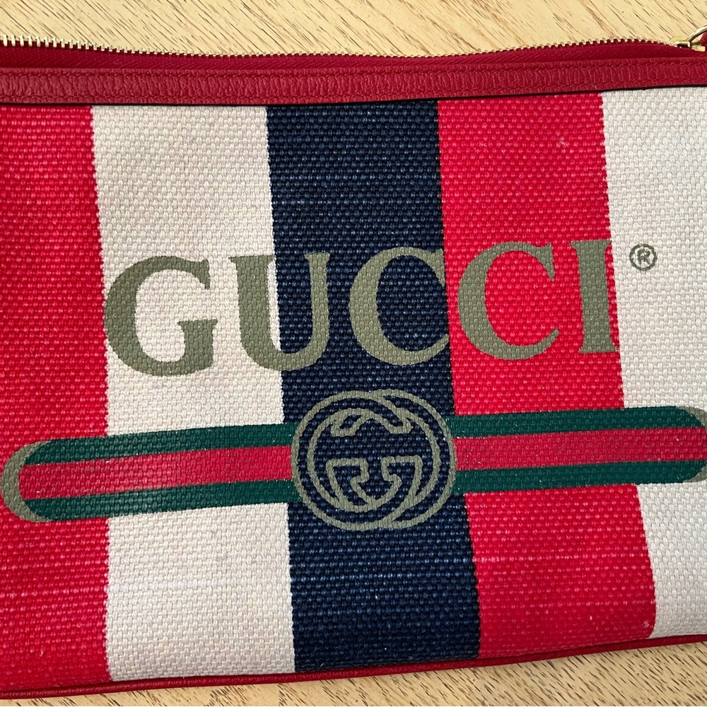 Authentic Gucci Sylvie Striped Canvas Pouch / Clutch - Gem